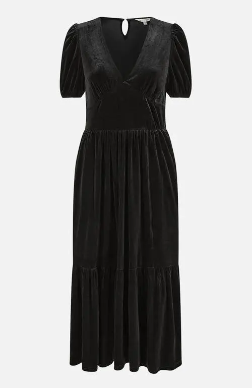 YUMI Velvet Midi Dress With V-neckline And Tiered Skirt - Black