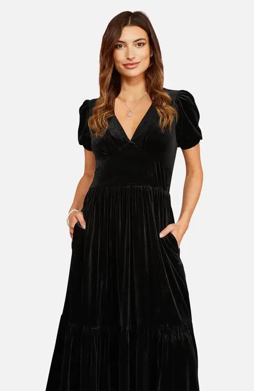 YUMI Velvet Midi Dress With V-neckline And Tiered Skirt - Black