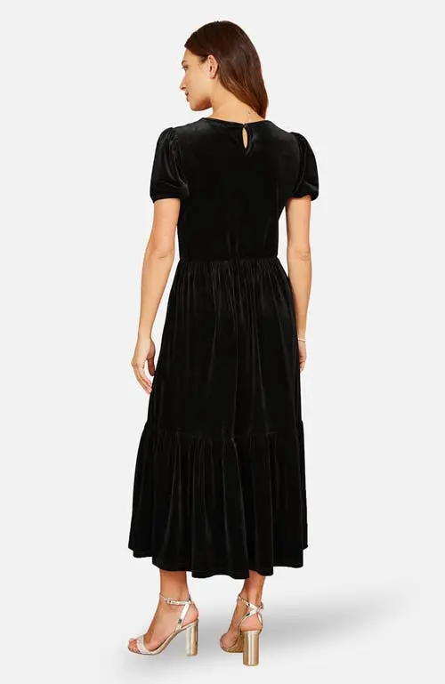 YUMI Velvet Midi Dress With V-neckline And Tiered Skirt - Black
