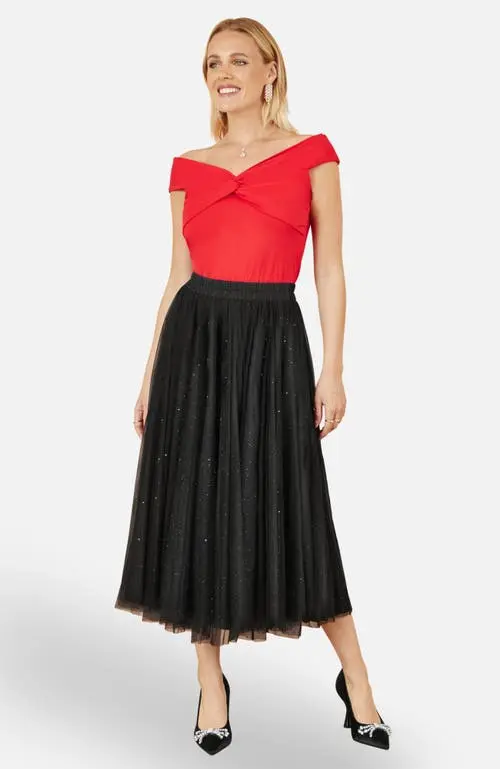 YUMI Sparkle Mesh Tulle Midi Skirt
