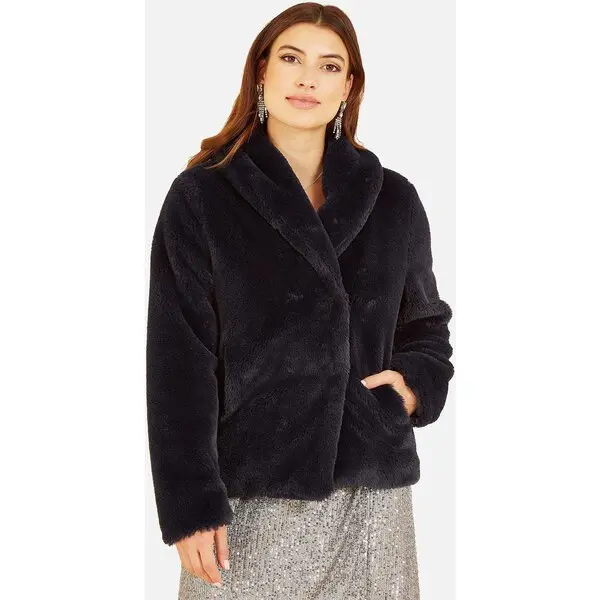 YUMI Faux Fur Wrap Coat - Black