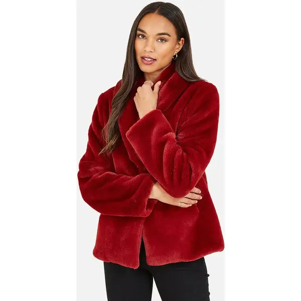 YUMI Faux Fur Wrap Coat - Red