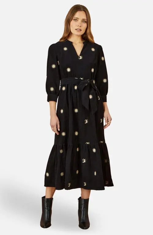 YUMI Cosmic Embroidery Cord Midi Shirt Dress - Black
