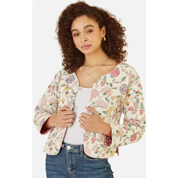 YUMI Reversible Floral Quilted Jacket - White/stripe