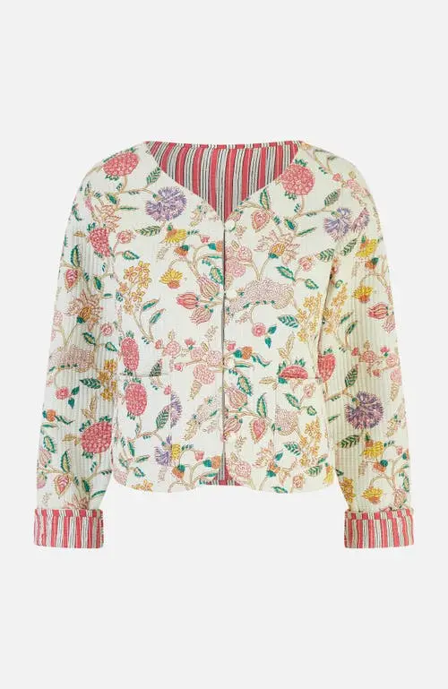 YUMI Reversible Floral Quilted Jacket - White/stripe