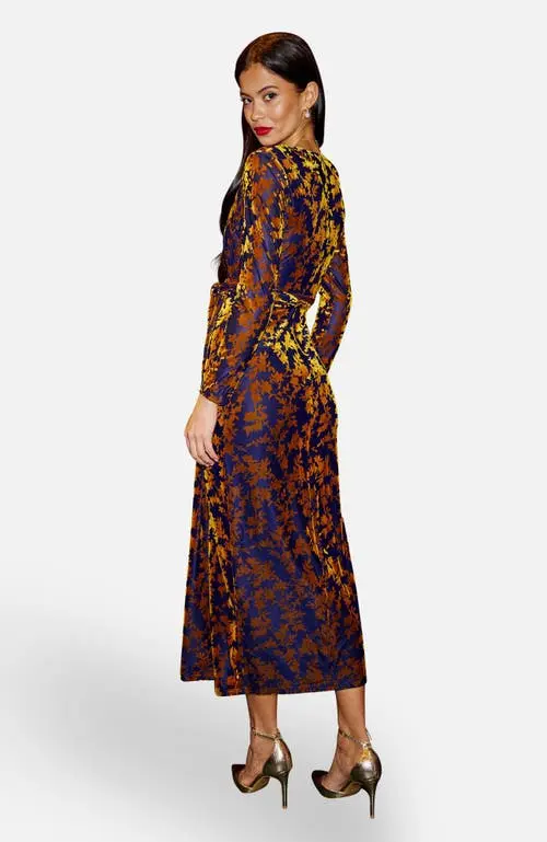 YUMI Velour Stretch Midi Wrap Dress - Gold