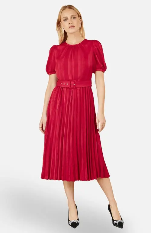 YUMI Satin Striped Midi Dress - Red