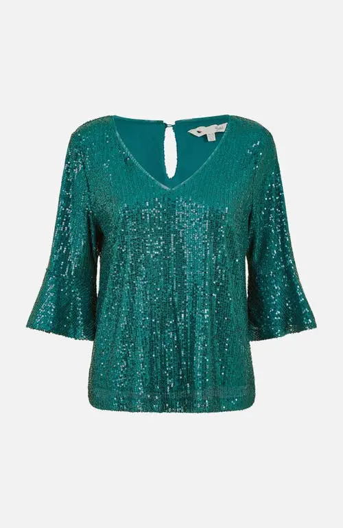 YUMI Fluted Sleeve Sequin Top - Green