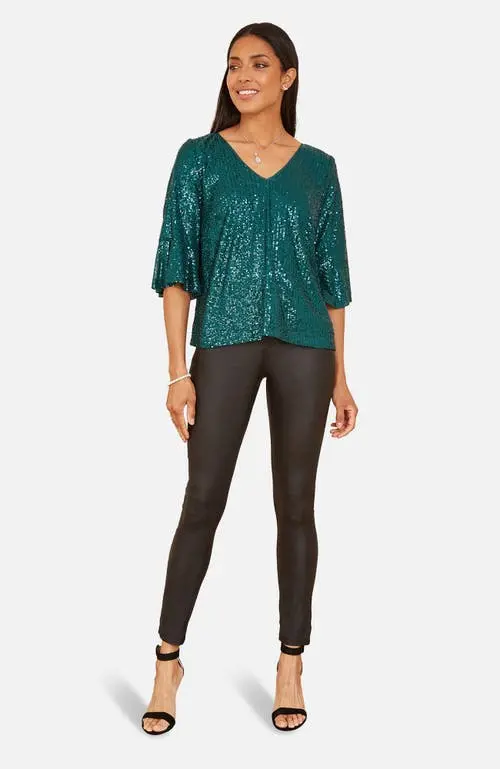 YUMI Fluted Sleeve Sequin Top - Green