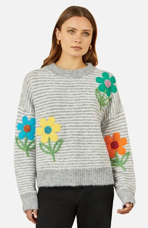 YUMI Striped Floral Applique Sweater - Grey