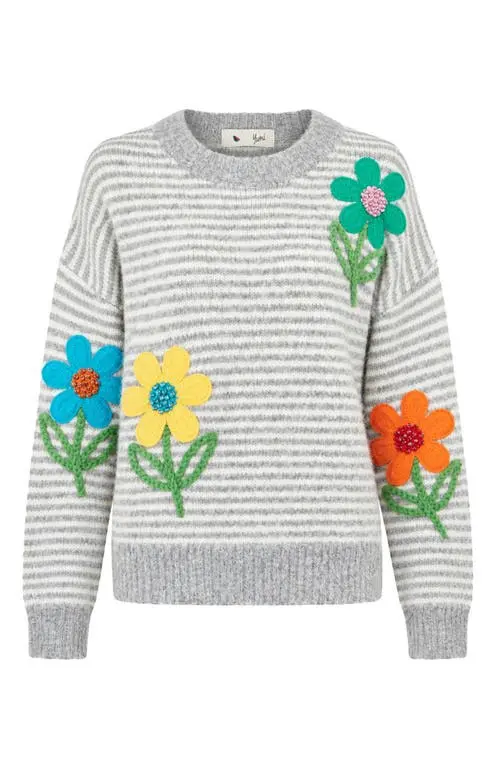 YUMI Striped Floral Applique Sweater