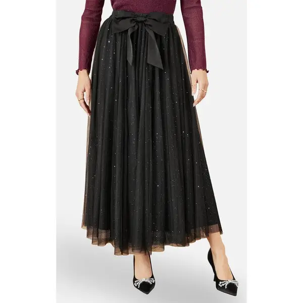 YUMI Satin Bow Sparkle Mesh Tulle Skirt - Black