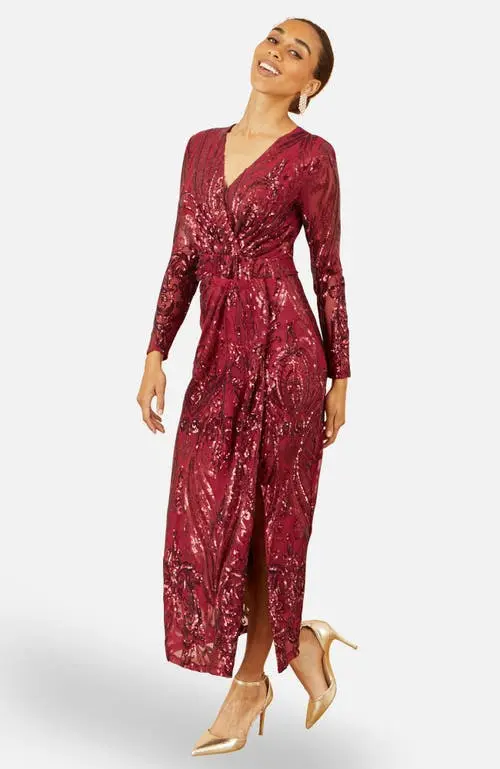 YUMI Sequin Long Sleeve Wrap Midi Dress - Burgundy