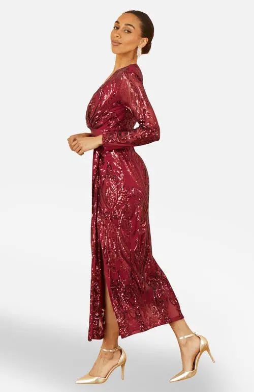 YUMI Sequin Long Sleeve Wrap Midi Dress - Burgundy
