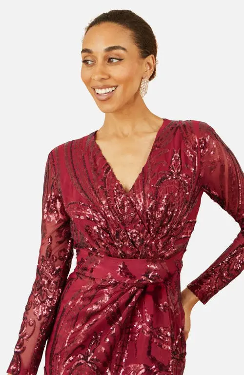 YUMI Sequin Long Sleeve Wrap Midi Dress - Burgundy