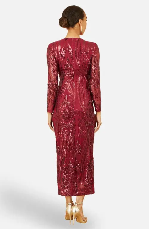 YUMI Sequin Long Sleeve Wrap Midi Dress - Burgundy