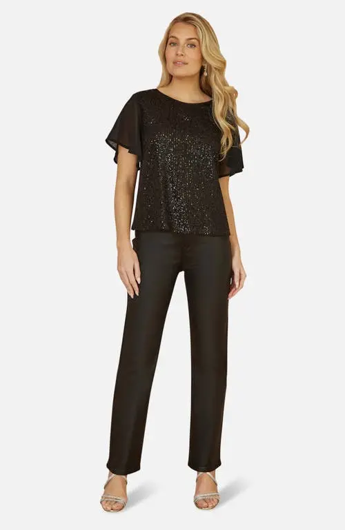 YUMI Sequin Embellished Sheer Sleeve Top - Black