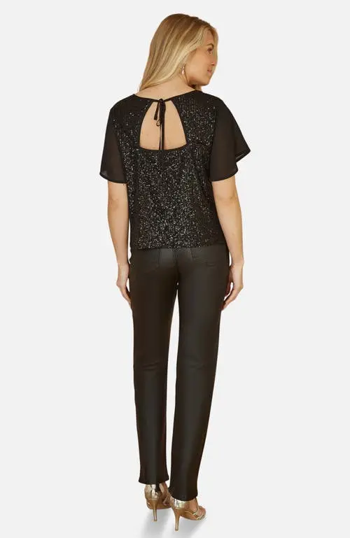 YUMI Sequin Embellished Sheer Sleeve Top - Black