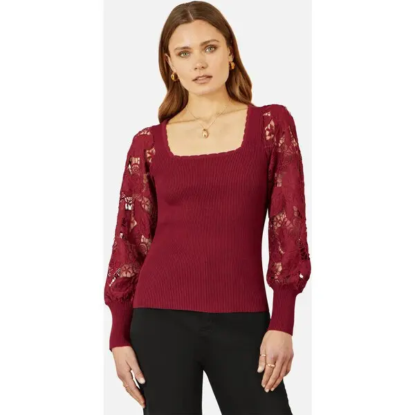YUMI Ribbed Knitted Lace Sleeve Top - Burgundy