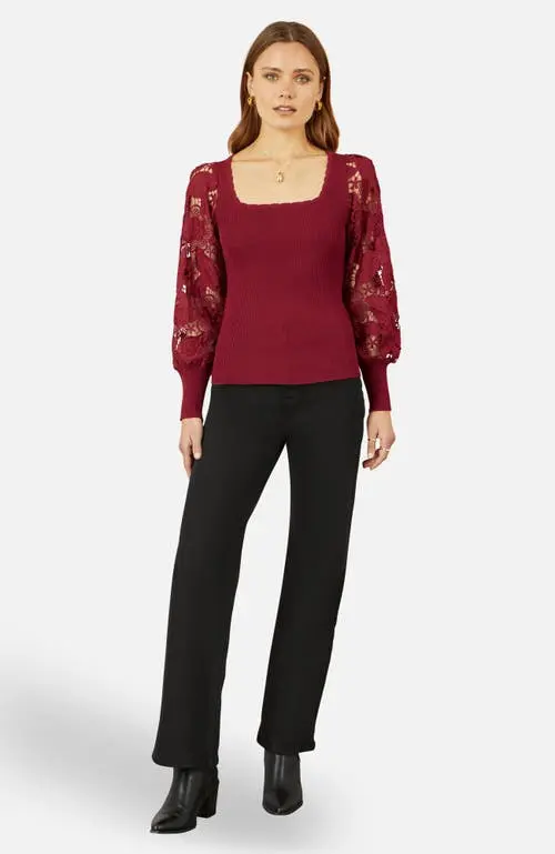 YUMI Ribbed Knitted Lace Sleeve Top - Burgundy