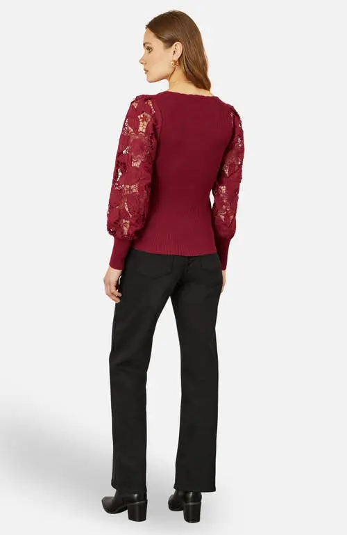 YUMI Ribbed Knitted Lace Sleeve Top - Burgundy