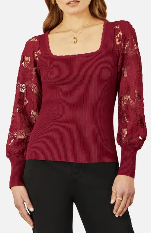 YUMI Ribbed Knitted Lace Sleeve Top - Burgundy