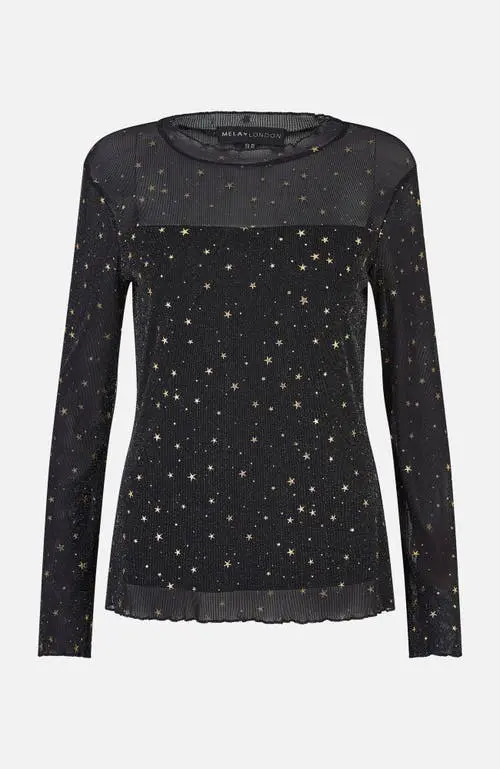 YUMI Mesh Star Print Long Sleeve Top