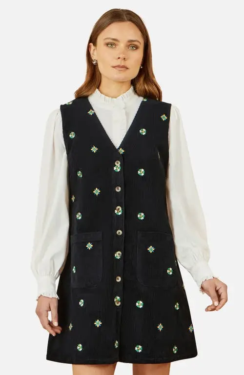 YUMI Embroidered Button Up Cord Pinafore Dress