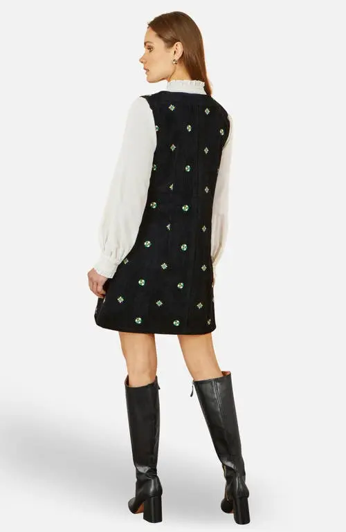 YUMI Embroidered Button Up Cord Pinafore Dress