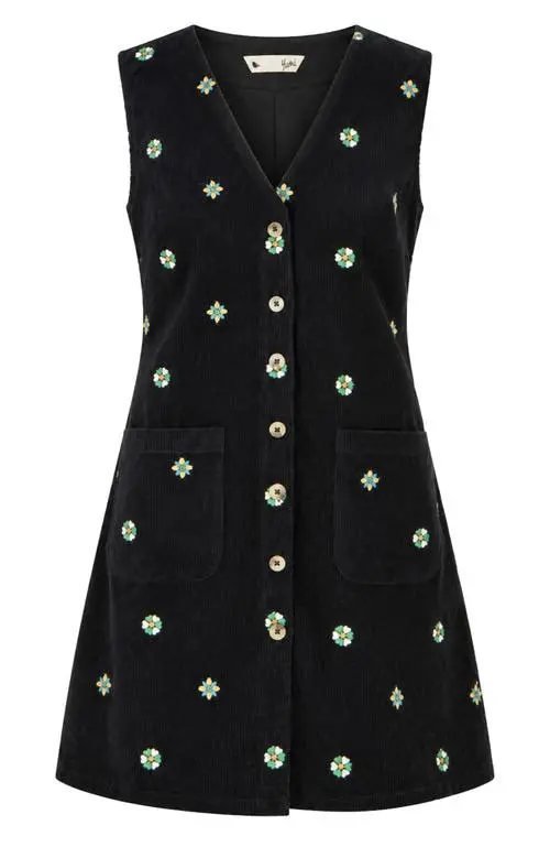 YUMI Embroidered Button Up Cord Pinafore Dress