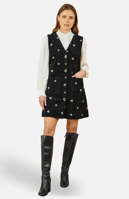 YUMI Embroidered Button Up Cord Pinafore Dress - Black