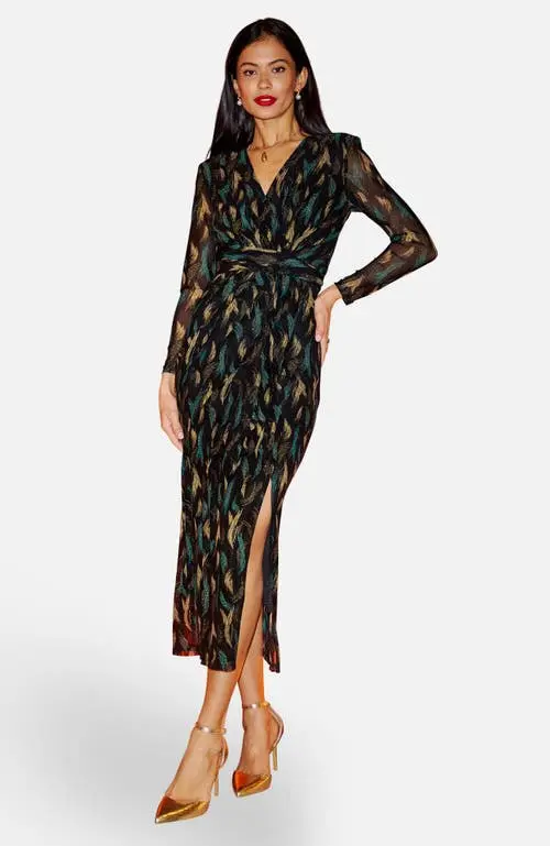 YUMI Metallic Sparkle Mesh Wrap Midi Dress