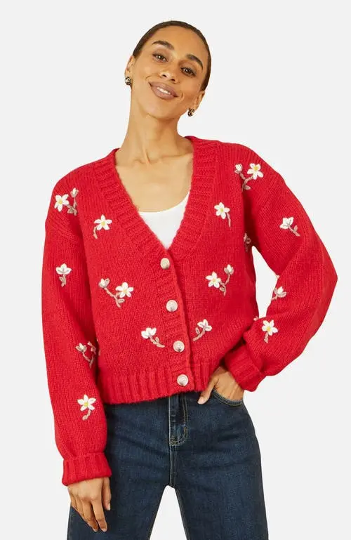 YUMI Hand Embroide Chunky Knitted Cardigan - Red