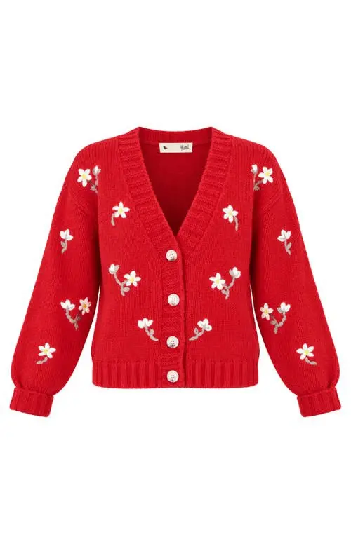 YUMI Hand Embroidered Chunky Knit Cardigan - Red