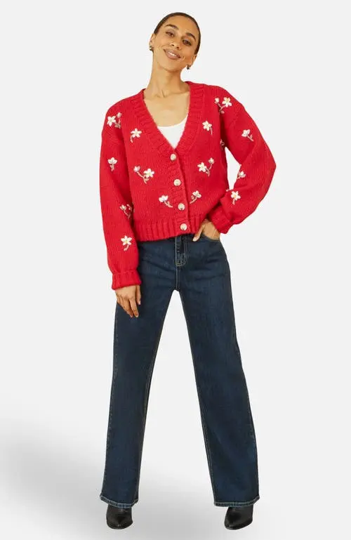 YUMI Hand Embroidered Chunky Knit Cardigan - Red