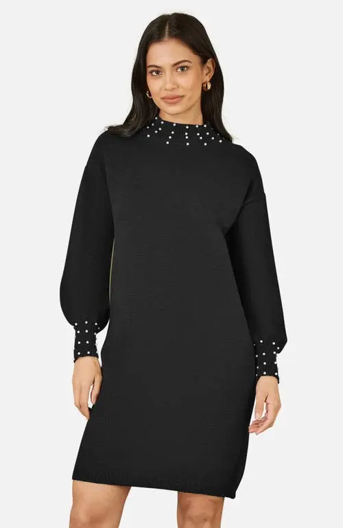 YUMI Embellished Knit Sweater Dress - Black