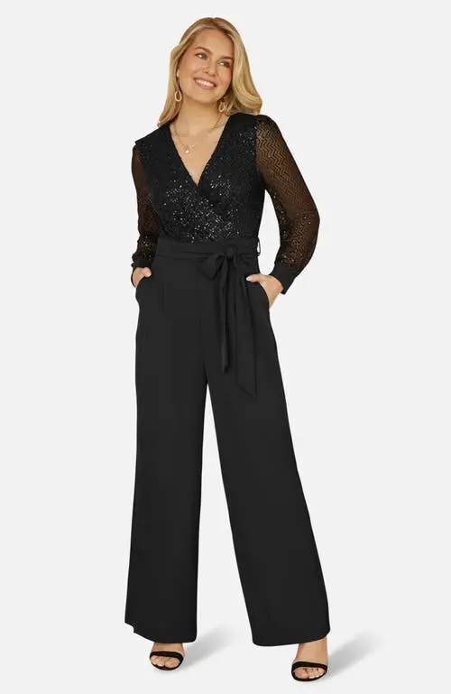 YUMI Sequin Wrap Over Jumpsuit - Black