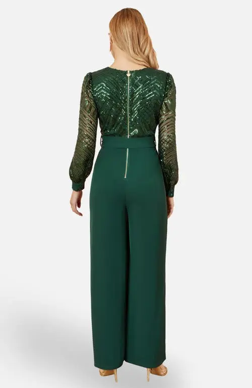 YUMI Sequin Wrap Over Jumpsuit - Green