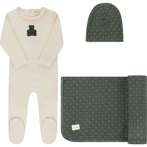 ELY'S & CO. Velour Plaid Bear Take Me Home Set - Ivory/blue