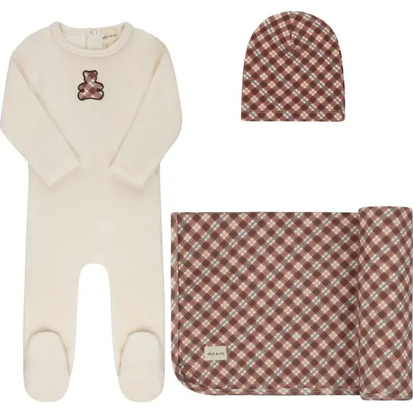 ELY'S & CO. Velour Plaid Bear Take Me Home Set - Ivory/pink
