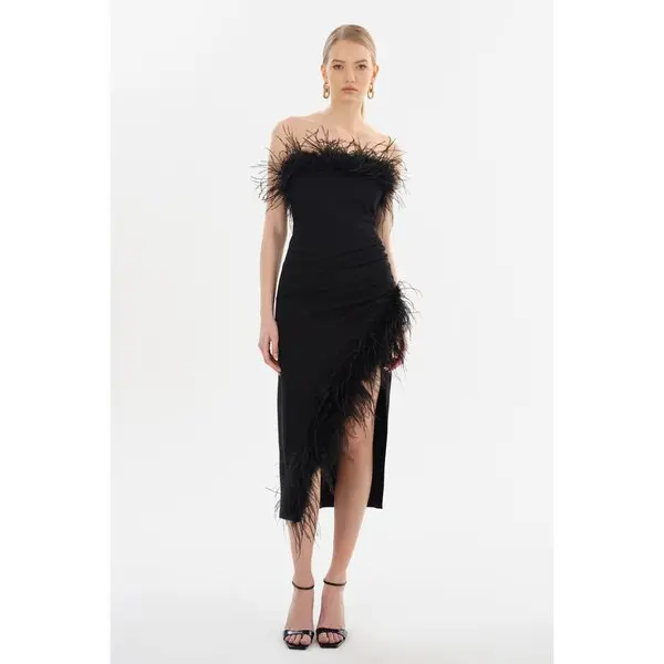 LAMARQUE Strapless Midi Dress With Feathers