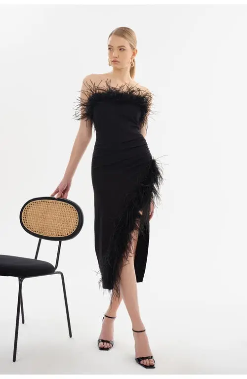 LAMARQUE Strapless Midi Dress With Feathers