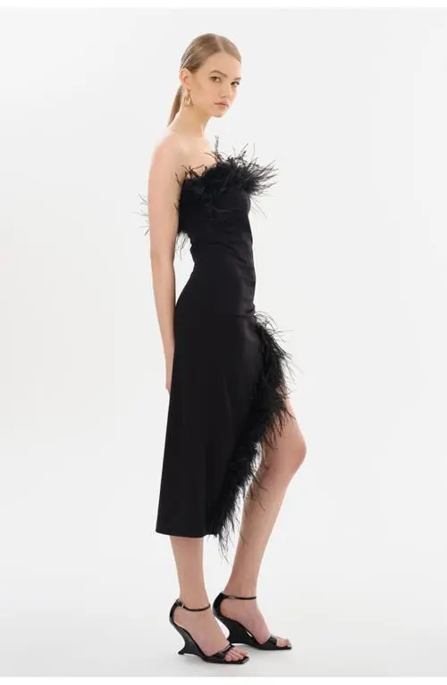LAMARQUE Strapless Midi Dress With Feathers