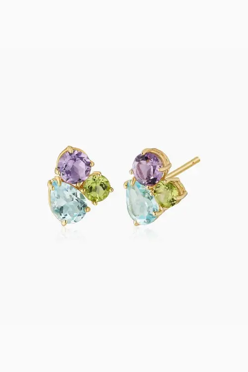 ORADINA 14k Yellow Gold Gemstone Stud Earrings - 14k Yellow Gold/ Multicolor
