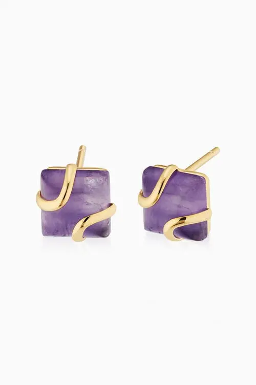 ORADINA 14k Yellow Gold Amethyst Stud Earrings - 14k Yellow Gold/ Amethyst