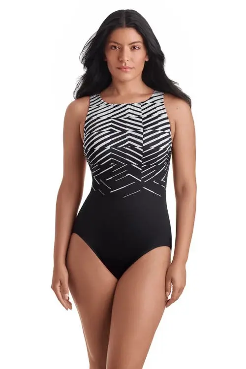SHAPESOLVER SPORT Binded Highneck One-piece Swimsuit - In Graphic Details