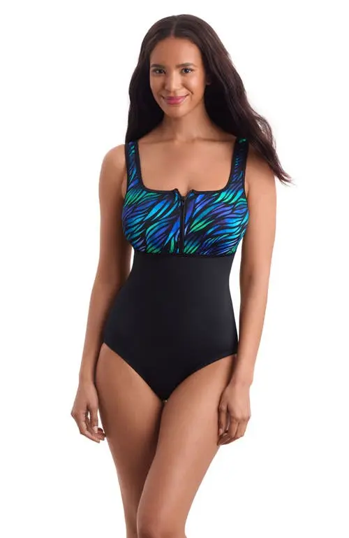 SHAPESOLVER SPORT Scoopneck One-piece Swimsuit - Blue Green Glazed Skin