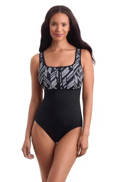 SHAPESOLVER SPORT Scoopneck One-piece Swimsuit - Herringbone Shift