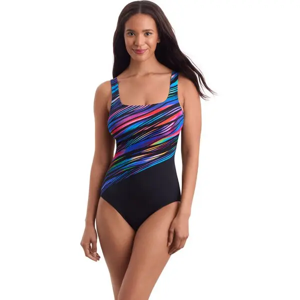 SHAPESOLVER SPORT Scoopneck One-piece Swimsuit - Multi Wave Power
