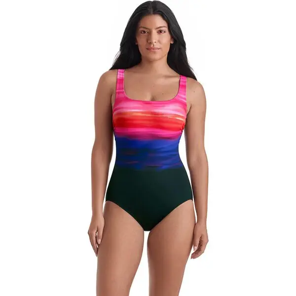 SHAPESOLVER SPORT Scoopneck One-piece Swimsuit - Pink Desert Horizon